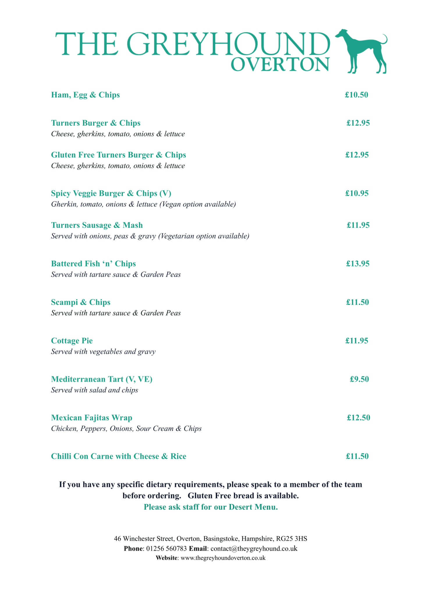 Menu – The Greyhound, Overton